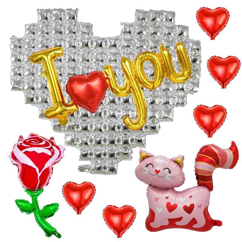 Mainiusi バレンタイン 飾り バルーン バレンタインデー デコレーション 9点セット、「I Love You」文字アルミ風船、超大ハート風船背景、猫型バルーン、赤いハートバルーン5個、バラバルーンバレンタイン バルーン 飾りセット内...