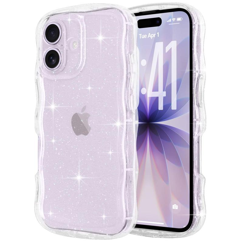 Pepmune iPhone 17 用 ケース キラキラ ラメ クリア カバー 韓国 かわいい 可愛い ウェーブ 透明 軽量 耐衝撃 人気 シンプル 滑り止め 傷つけ防止 ストラップホール付き スマホケース(iPhone 17用)【対応機種...