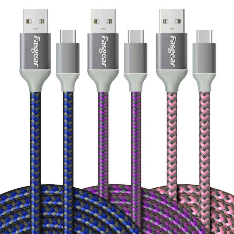 Fasgear USB C to USB A Cables 3 Pack 10ft Long 3A Fast Charging Type C 2.0 Charger Cord Nylon Braided Compatible with Ga...