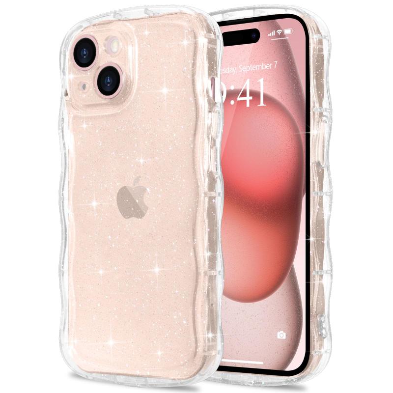 Pepmune iPhone 15 用 ケース キラキラ ラメ クリア カバー 韓国 かわいい 可愛い ウェーブ 透明 軽量 耐衝撃 人気 シンプル 滑り止め 傷つけ防止 ストラップホール付き スマホケース (iPhone 15用）【対応機...