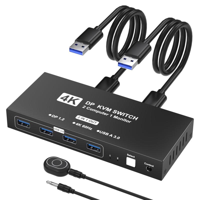 KVMスイッチ DisplayPort 2入力1出力 PC 2台用 4K/60Hz対応 パソコン2台モニター1台切り替え 手元スイッチ/2本のUSB3.0ケーブル付き KVM DisplayPort 切替器 4 USB3.0ポート 5Gbp...