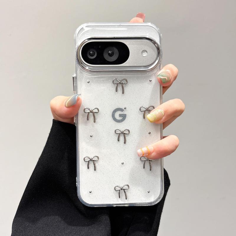 QLTYPRI Google Pixel 9a 用 ケース クリア シルバー ミニリボン おしゃれ 韓国 透明 可愛い 耐衝撃 スマホケース 立体 りぼん装飾 きらきら ピクセル 9A ケース 対応、シルバー【対応機種】Google Pix...