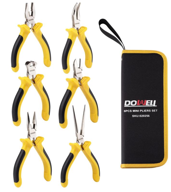 DOWELL 6ピース ミニプライヤーセット ニードルノーズ斜め長ノーズベントノーズエンドカッティング&amp;ラインマン クラフト修理用 ポーチ付きプライヤー6点セット: この精密プライヤーセットには、4インチのミニ対角線、5インチのミニ...