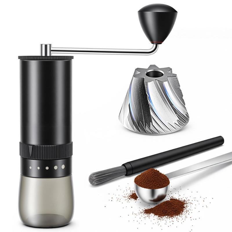 COSOWO コーヒーミル 手動 手挽き コーヒー ミル 金属製 ステンレス臼 粗さ調整可能 コンパクト省力性 透明粉受け 静音 軽量 持ち運びやすい 一体型ハンドルお手入れ簡単 掃除ブラシ付き 計