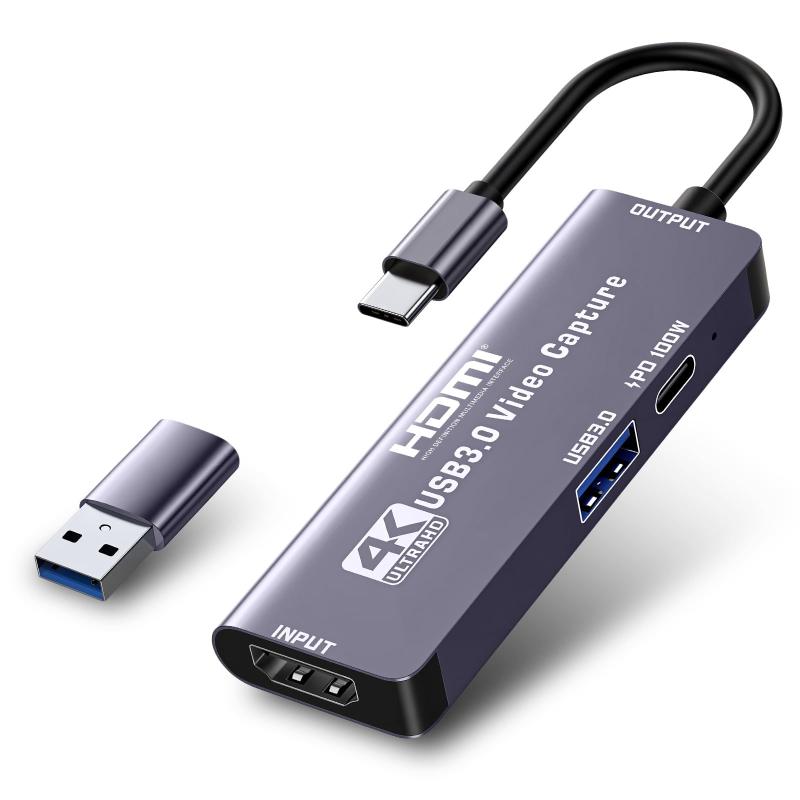 HDMI キャプチャーボード 4K@60Hz入力 1080P@60Hz録画対応 USB3.0 USB-A/USB-C接続 100W PD充電対応 低遅延 音声同時録画 Switch/PS5/PS4/Xbox/カメラ/PC/Mac/Andro...