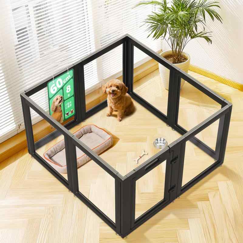 fxw AuraSpace アクリル室内用犬用サークル 子犬・小型犬向け 約60cm 8枚パネル ブラック仕切り仕様：サークル内部の仕切りはスペースを2つの独立エリアに分け、2頭の犬を完全に分離して使うことができます。仕切りドアは取り外し可...
