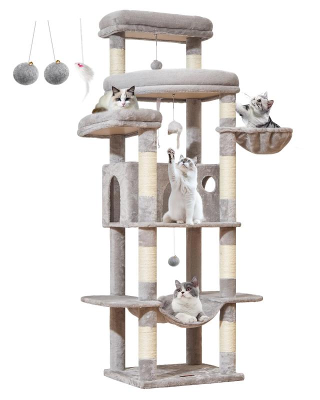 Taoqimiao キャットタワー 高さ 180cm 大型猫用 多頭飼い 特大 3 段展望台 据え置き型 省スペース ライトグレー MS034W【高さ180cmの6段タワー】：大型猫も安心のしっかり設計。安定感抜群のベースで、猫が活発に登り...
