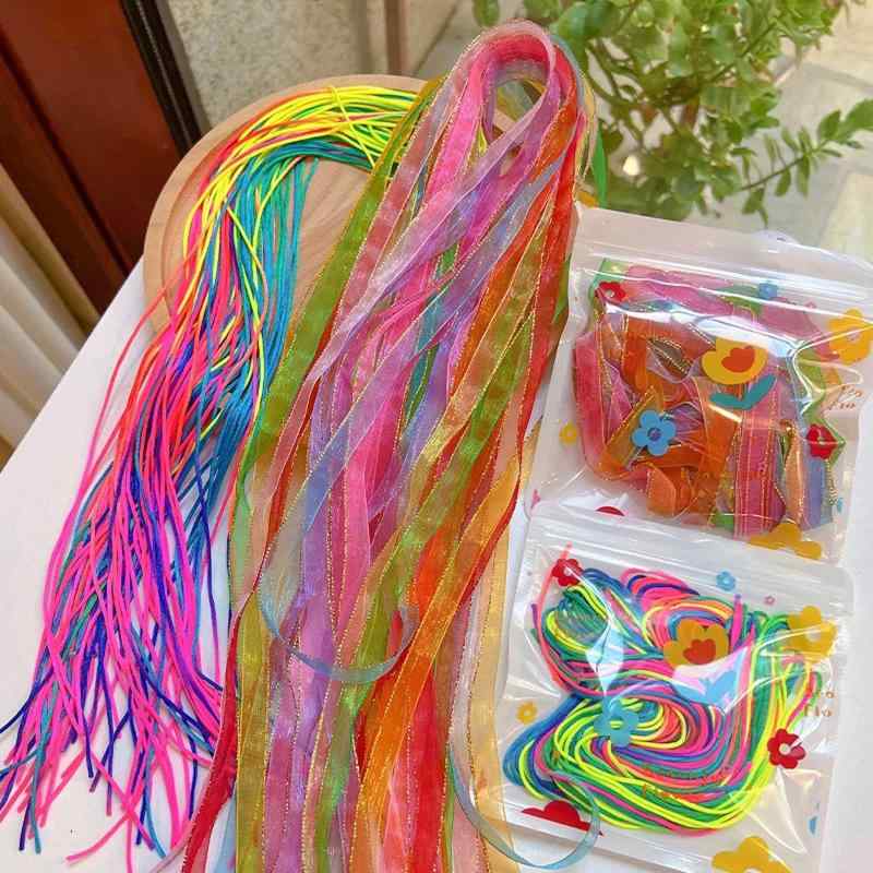ベビー女児用髪ゴム 髪編み込みロープ 編み込み ヘア カラーロープ 虹のヘアロープ 2種類セット アクセサリー 髪 ヘアリボン 髪 小物 ヘアスタイリングロープ 髪編みリボン 編み込みアクセ【マルチカラーヘアロープ】パッケージには、明るく目...