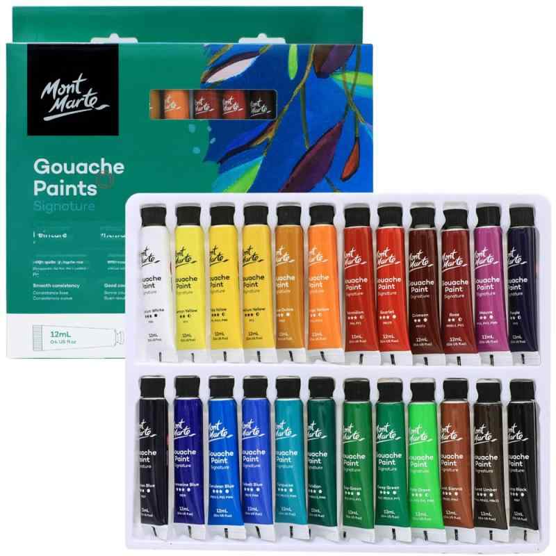 Mont Marte ガッシュ絵の具 Gouache Paint 24色x12ml セミマット ファブリック キャンバス 水彩画用紙 ハイブリッドメディアに最適24色: Titanium White, Lemon Yellow, Pale ...