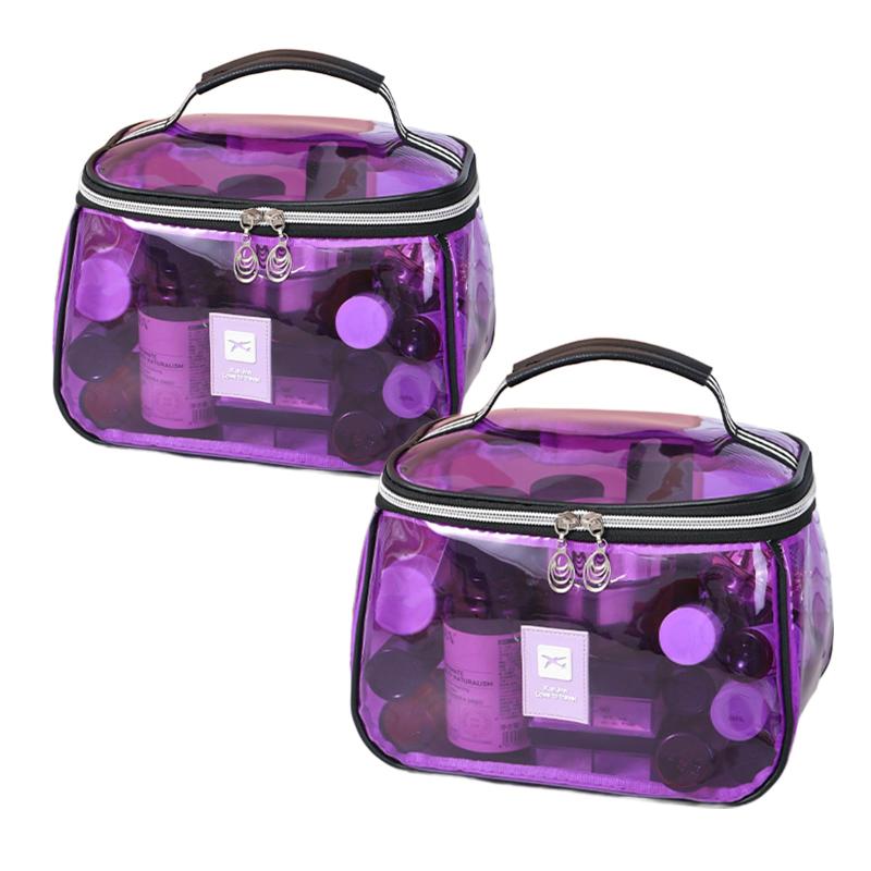 Siomlana 2個セット PVC透明 メイクポーチ 大容量 化粧収納バッグ 防水 メッシュポケット付き 旅行 ジム バスルーム対応 クリアポーチ ビニールバッグ 柔軟持ち手 ダブルジッパー