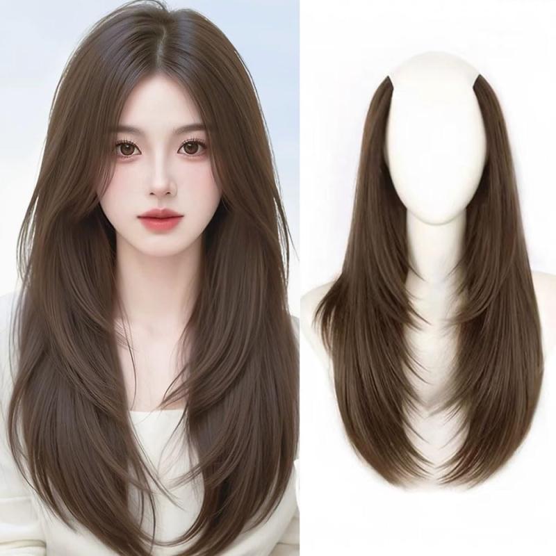 ワンタッチ 部分ウィッグ, U型 インナー, レイヤー ストレート, ロング ヘアエクステンション, 人工毛 耐熱【素材】ワンタッチカラーピンウィッグエクステは高品質の耐熱ファイバーを採用しており、ウィッグ特有のテカリ感がなく、自然で自分の...