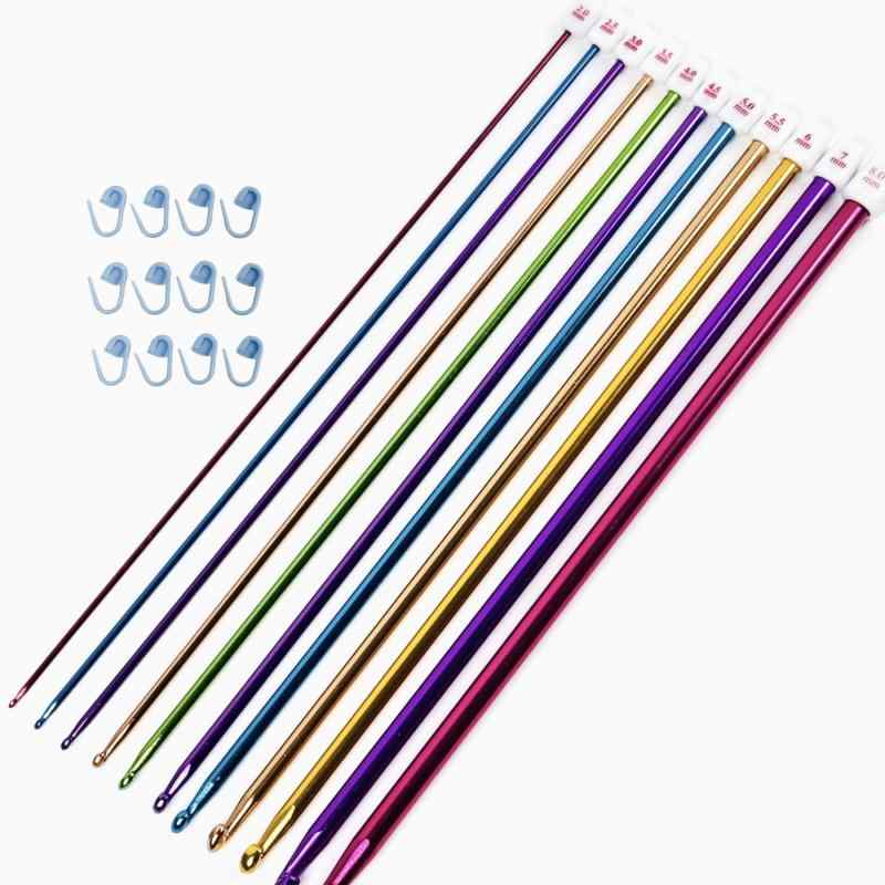 かぎ針 11 本セット アフガン針 アルミニウム製 段数マーカー付き 長 27cm カラフル 編み針 編み棒 編み物道具 DIY 手芸 マフラー 帽子 ニット 初心者～プロ プレゼント (2.0mm-8.0mm 全サイズ)【11 本全サイズ...