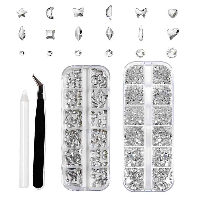 QUANTALY ネイルアートストーン 18種類 3D ラインストーン ガラスクリスタル ネイルデコレーション ホワイト ネイルチャーム 平背のビーズ 宝石 ジュエリーダイヤモンド ネイルアート ネイル 【商品仕様】2箱24マス、ネイルアー...