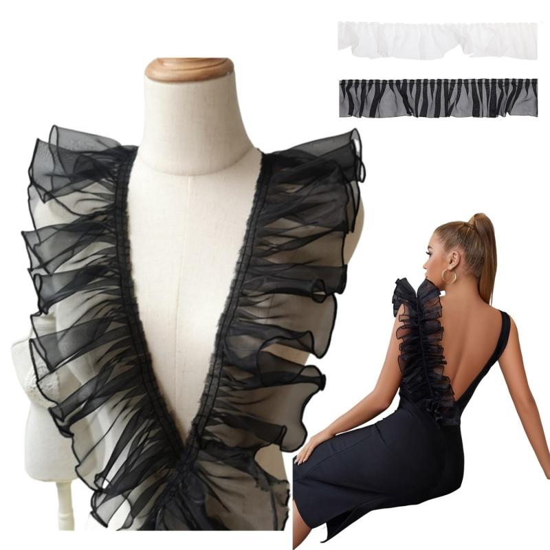 オーガンジー 生地 フリル レースリボン プリーツ リボン 幅10cm 長さ4.5m フリルトリム 3d プリーツレース生地 黒 白 無地 布 薄地 軽い 透け感 リボン カーテン ウェディングドレス DIY飾り ス【サイズ】長約4.5M、...