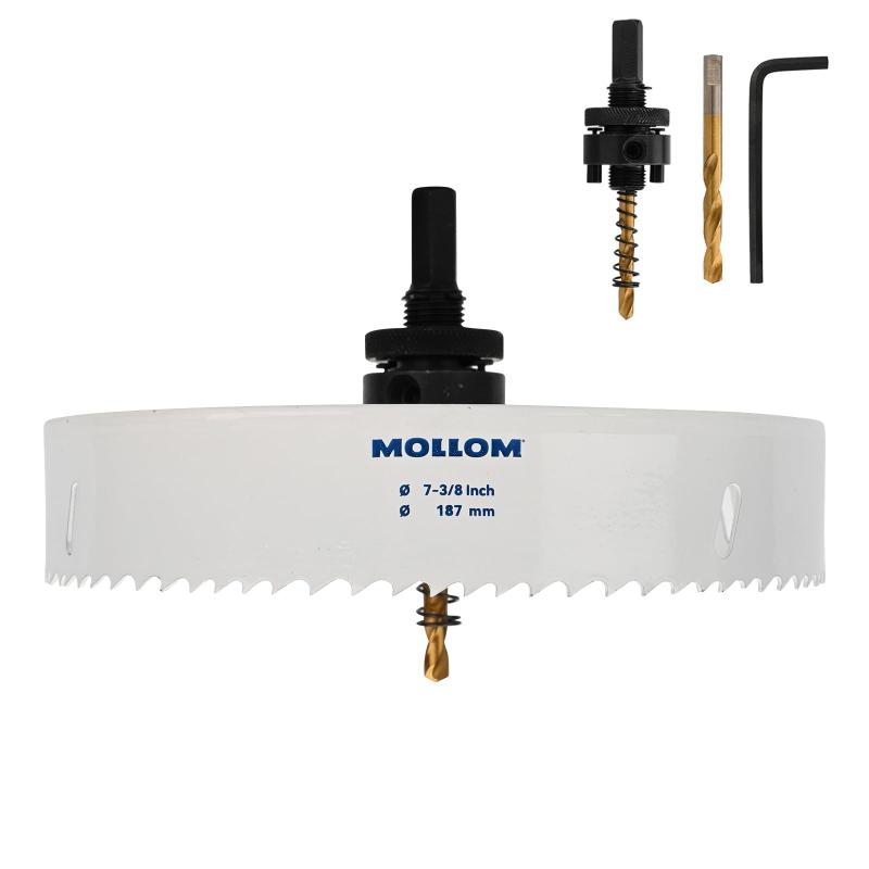 MOLLOM（187mm | 7-3/8"）HSS M42 8% コバルト含有バイメタルホールソー｜パイロットドリル 2 本・マンドレル付き スムーズ切断対応 - PVC・ドライウォール・木材・プラスチック・ギプスボード【寸法】 ...