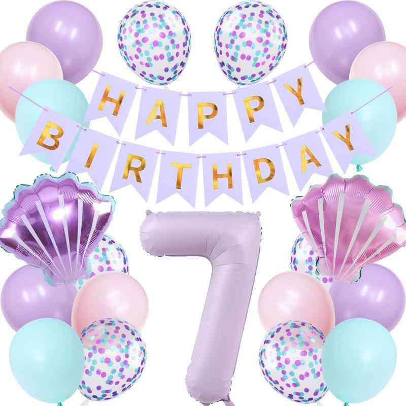 Lausatek バルーン 誕生日 7歳 風船セット HAPPY BIRTHDAY バースデー ガーランド バースデー 飾り付け 数字7 シェル 装飾 お祝い イベント 子ども 男の子 女の子 パープルマーメイドの誕生日バルーンキット：お子...