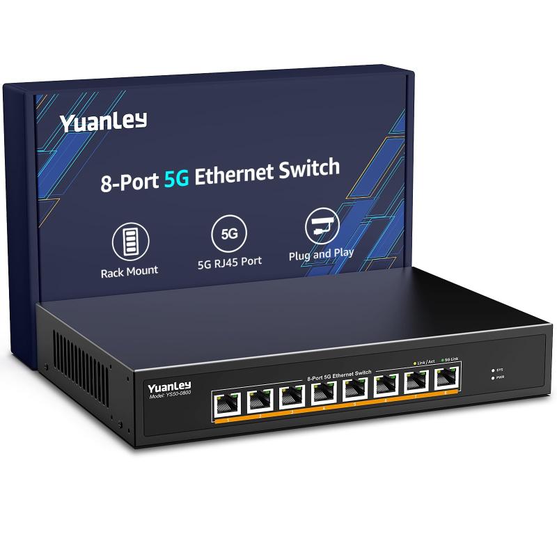 YuanLey 8ポート 5G Ethernet Switch 5Gbps対応 アンマネージスイッチ 8×5GbE RJ45ポート搭載 5G/2.5G/1G/100Mbps自動ネゴシエーション対応 80Gbpsスイッチング容量 ラックマウン...