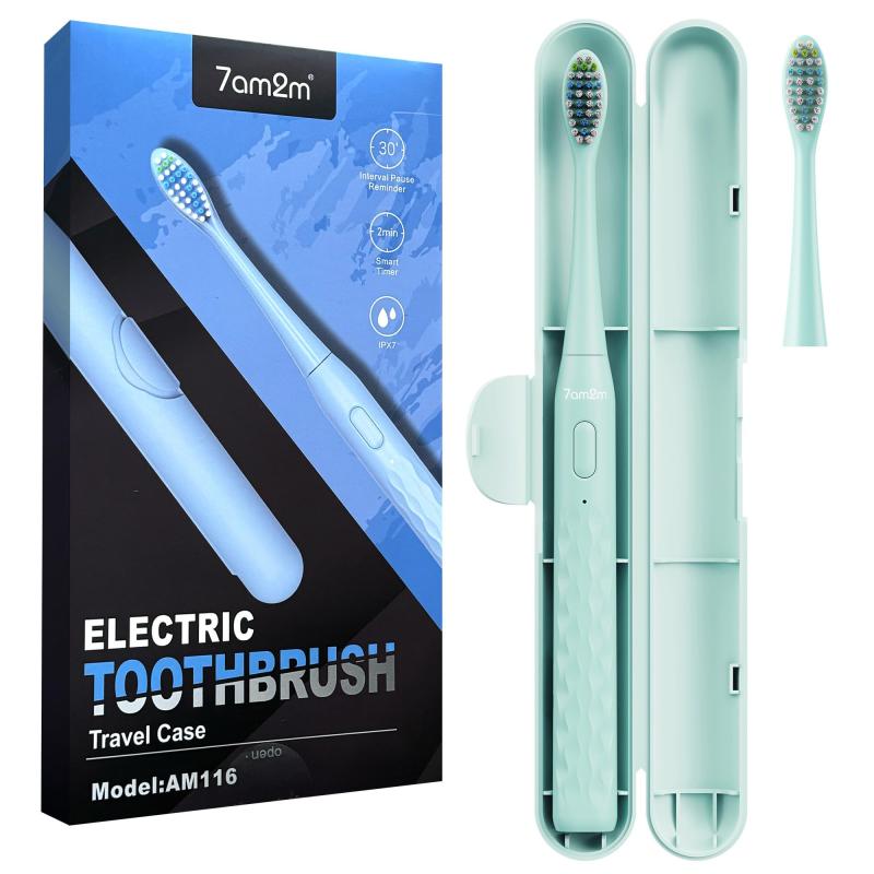 7am2m 電動歯ブラシ 充電式 38,000回/分 高速音波振動 USB-C急速充電 60日間持続 携帯用 音波電動歯ブラシ コンパクト トラベル 歯ブラシ オートタイマー機能 IPX7防水 替えブラシ2本付き 収納ケー【強力な洗浄力・3...