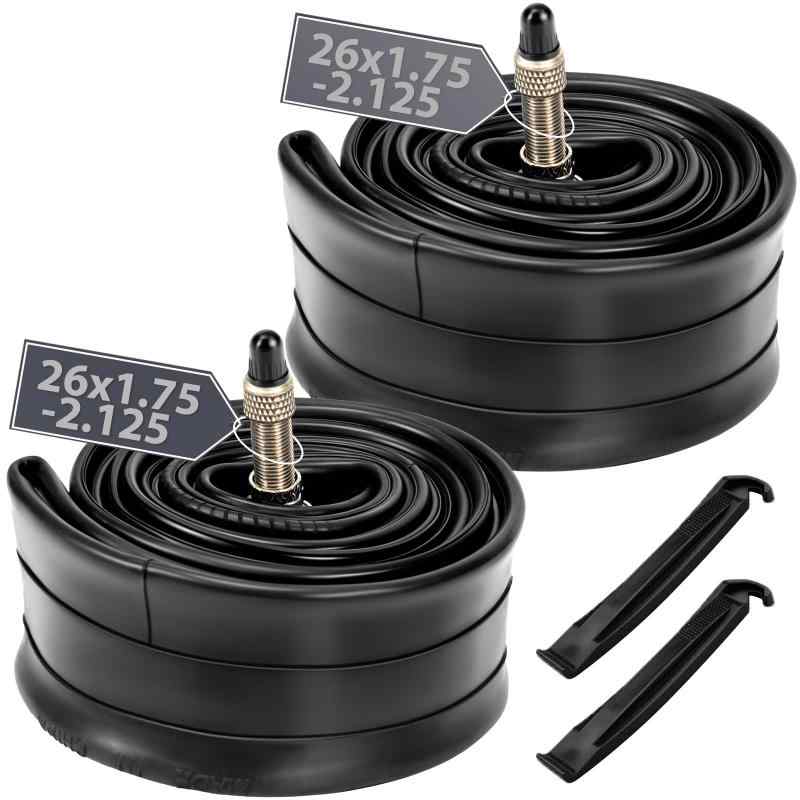 MOHEGIA 2本セット 自転車チューブ: 26×1.75/1.95/2.10/2.125インチ自転車チューブ ブチルゴム - 32mm 英式 バルブ、2本タイヤレバー含むサイズ26x1.75-2.125の自転車のチューブは、26インチタ...