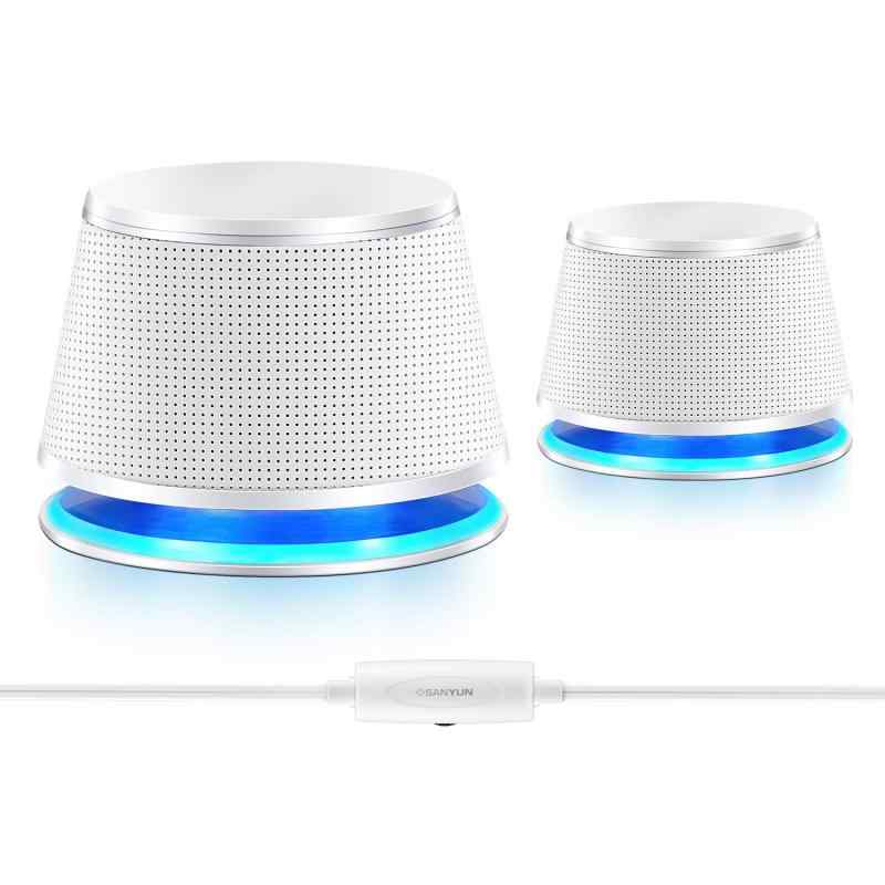Sanyun SW102 PCスピーカー 5Wx2 重低音 大音量 パワフル出力 3.5mm入力対応 USB給電 iPhone Android対応可 ブラック ホワイト【ユニークなデザイン】 ブラックとシルバーを組み合わせて、led環状のラ...