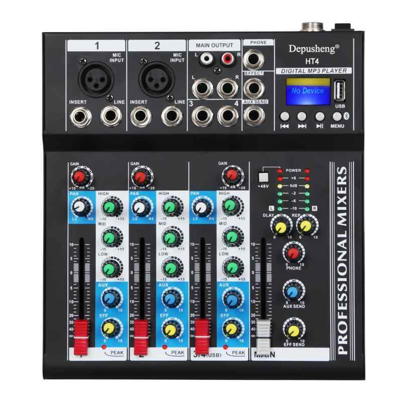 Depusheng HT4 Bluetooth互換のプロフェッショナルポータブルデジタルDJコンソールW/USB 4チャンネルミキサーオーディオインターフェイスミキシングボードスタジオ録音、ブラック4チャンネル：このミキサーは4チャンネル、...