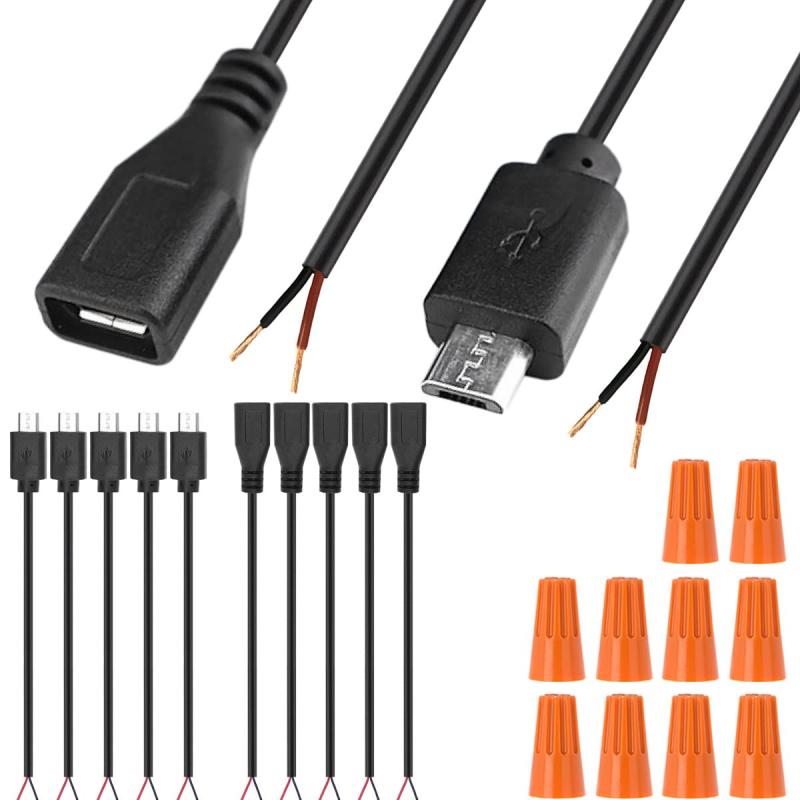 Xiatiaosann マイクロUSBケーブル5V電源線 Micro USBコネクタメスオス延長ケーブル マイクロUSB自作端子2ピン充電器プラグライン Arduino用とLED用、5 個Micro USB オス + 5 個Micro US...
