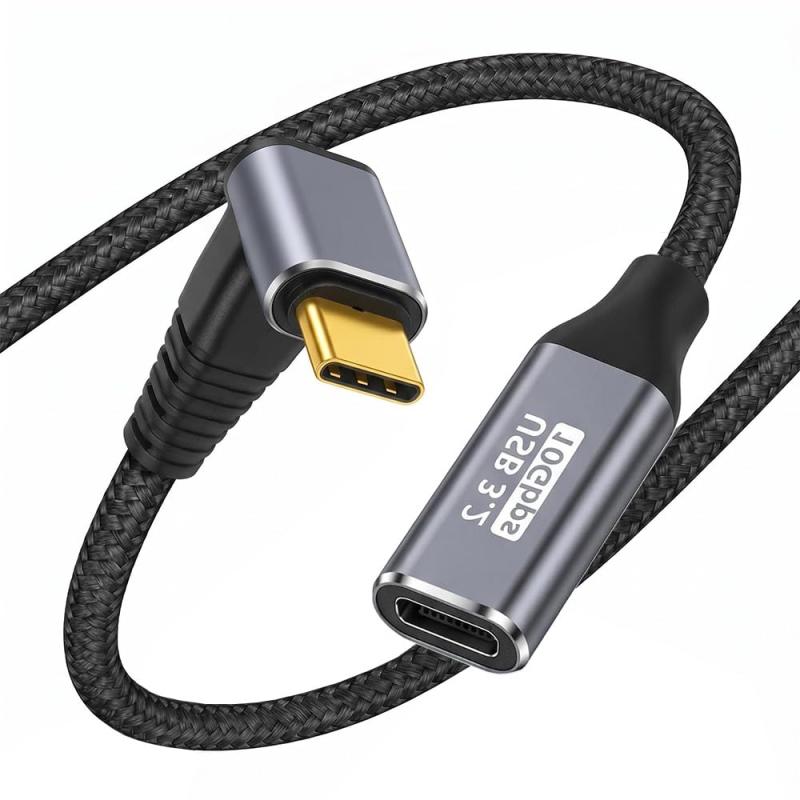 Type C 延長ケーブル L字 1M USB-C オス・メス 100W PD急速充電 10Gbps データ転送 USB 3.2 Gen2 延長コード 高耐久ナイロン編み ゲーム/ノートPC/スマホ対応【ストレスフリーなL字型デザイン】ケー...