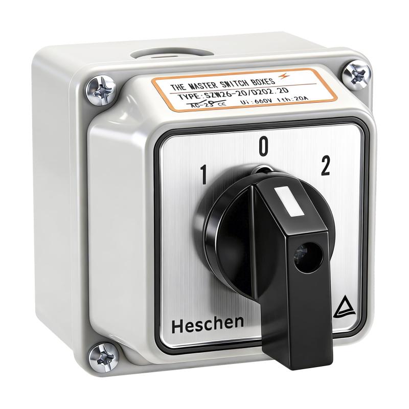 Heschen ユニバーサルロータリーカムセレクタチェンジオーバースイッチ, SZW26-20/D202.2D, マスタースイッチ外装ボックスLW28-20/4付き, 660V 20A, ON-OFF-ON, 3ポジション2フェーズ8ターミ...