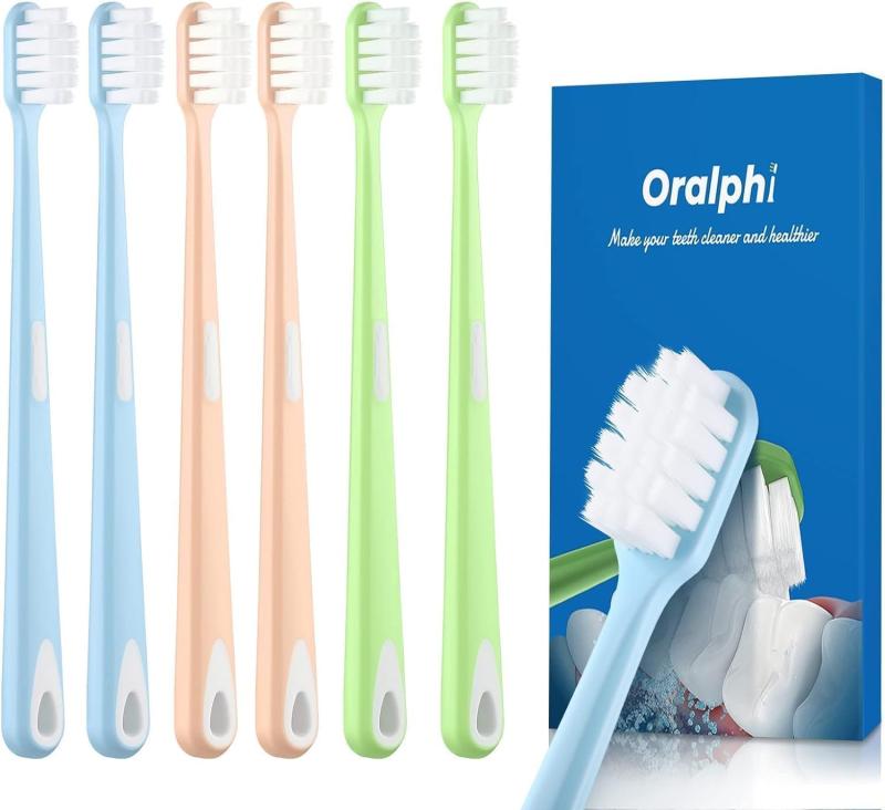Oralphi 超極細毛 柔らかめ 歯ブラシ コンパクトヘッド 6本セット 歯茎ケア 敏感歯用 妊婦/高齢者/矯正/大人対応 歯科推奨 奥歯まで届く 歯間フロス効果 滑り防止グリップ10,000本の超極細毛で歯茎に優しく:敏感歯や出血しやす...