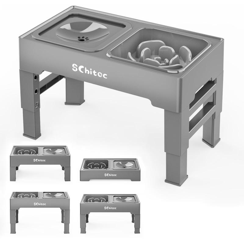 SCHITEC ペットボウル フードボウル 食器台 スタンド 【方型・グレー・4段階調節・中大型犬・猫用・ボウルと給水器付き】高度調節可能 早食い防止 低速給水 給餌 ボウル 水やり 滑り止め 犬 【4段階で高さ調整可能・成長段階のペットに...