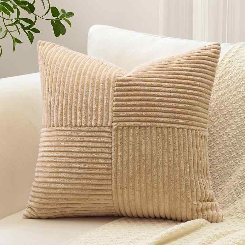 Otostar クッションカバー 50x50cm 1枚 無地 おしゃれ 可愛い コーデュロイ 4分割デザイン ストライプ モダン ジッパー式 インテリア 室内装飾用 装飾用ピローカバー (50x50,ライトブラウン)デザイン: モダンなコー...