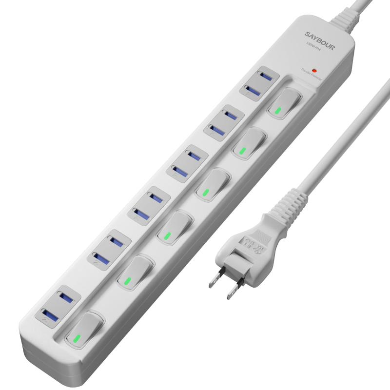 SAYBOUR 電源タップ 雷ガード 個別スイッチ 節電タップ おしゃれ省エネACコンセント 6個口LED PSE済 延長コード (2m, ホワイト)「節電対策＆雷対策を電源タップで」柔らかく光ってON／OFFを知らせるLED付個別スイッチ...