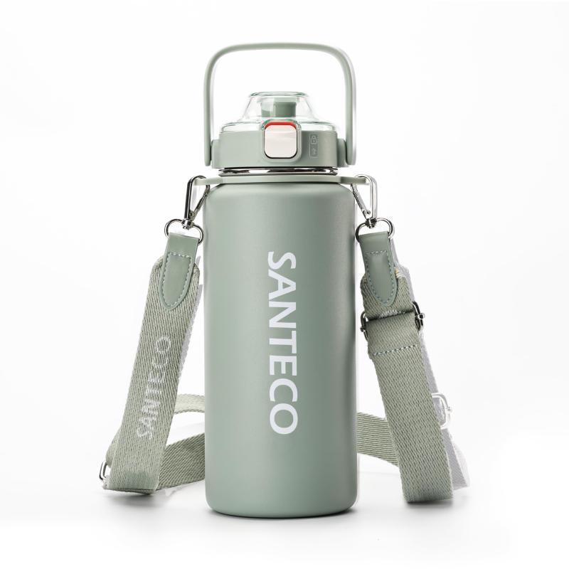SANTECO 水筒 真空断熱スポーツボトル 1.2L 取りはずしでき肩に 保冷 保温 魔法瓶 ストロー付き 直飲み スポーツドリンク対応 おしゃれ 広口 アッシュブルー本体サイズ(約):12cm * 11.5cm * 27.5cm、本体重...