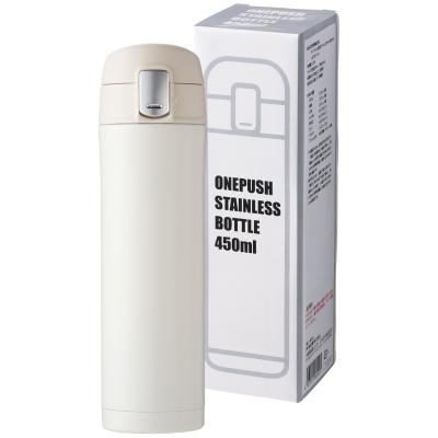 ワンプッシュ真空ステンレスボトル450ml（オフホワイト）（@599円税別 48本単位 メーカー直送品） 片手で開けられるワンプッシュオープン式の シンプル＆スタイリッシュなステンレスボトル ワンプッシュでフタが開くステンレスボトル。 片手...