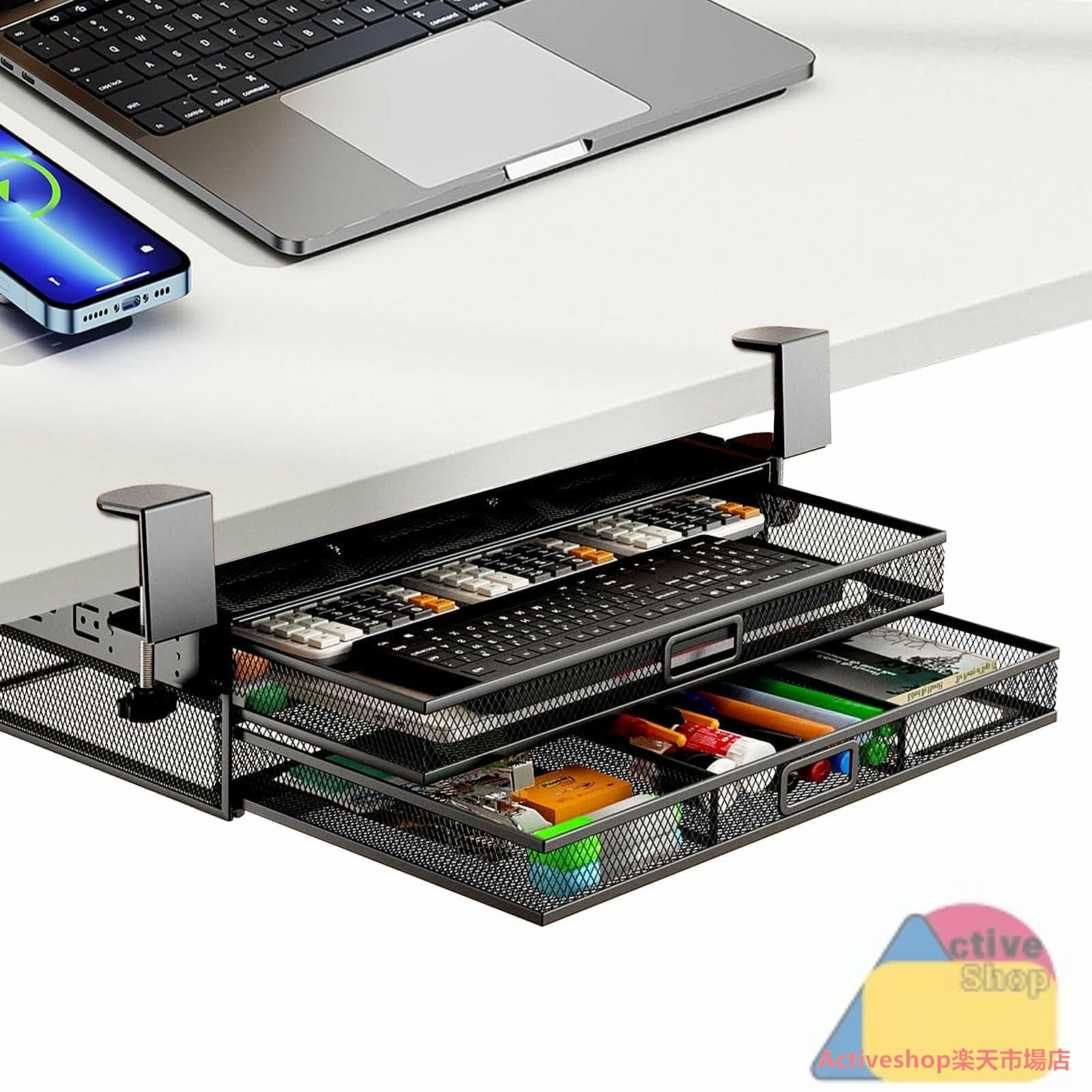 卓下収納ラック デスク下引き出し 後付け引き出し スライド式 引き出し 穴あけ不要 デスク上置き棚 机下収納 机用引き出し 多機能 収納整理 テーブル下収納ラック テーブル収納 小物 収納 整理 便利 スペース活用 自由組み立て 卓上メッシ...