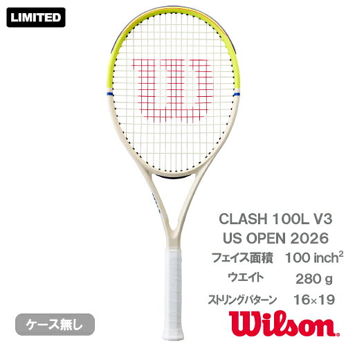 メーカーウイルソン 品名CLASH 100L V3 US OPEN 2026 品番WR216111U フェイスサイズ100平方インチ ウエイト平均280g バランス平均315mm 長さ27.0inch フレーム厚24mm グリップサイズG2...