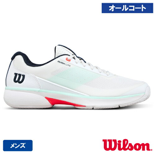 メーカーウイルソン 品名RUSH LITE 5.0 AC M 品番WRS338580 サーフェスオールコート 対象性別メンズ サイズ25.0-29.0cm カラーホワイト×ベイ×ファイアリーコーラル 幅E 重さ390g (28.0cm) 機...