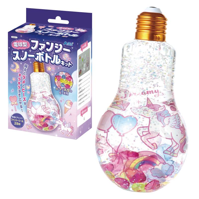 商品の説明 ⇒ 他種類の工作キットを探す 商品説明：振るとラメやビーズがキラキラ浮かび上がる!かわいい電球型スノードーム!きらきら可愛いビーズとラメでつくる、電球型のファンシーなスノードームキットです。ハート型と丸型のカラフルビーズ、ファン...