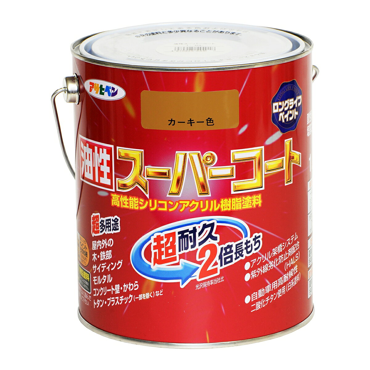 製品情報色：カーキー色容量：1.6L標準塗り回数：1回塗り光沢：ツヤあり塗膜の仕上がり：不透明（下地を隠す）塗り面積（1回塗り）：約13〜18平方メートル（タタミ約8〜11枚分）乾燥時間：夏期／1〜2時間・冬期／3〜5時間塗り重ね時間の目安...