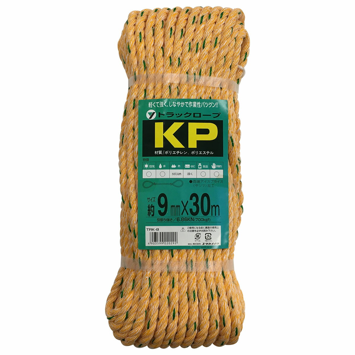 トラック荷役用のロープパッケージはコンパクトにシュリンクパックロープの先端は両端：サツマ（輪）加工中国製日光：○水：○熱：55℃以内水に：浮く薬品：○手触り：○材質／ポリエチレン、ポリエステル※ロープの引張強さとは、性状な状態のロープを所定...