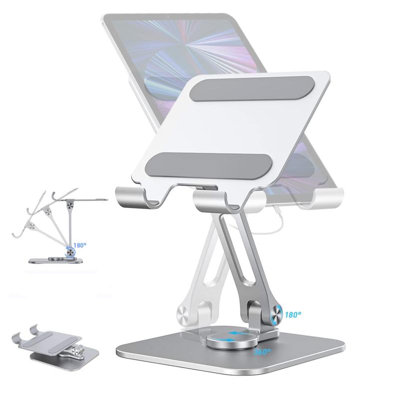 ULBRE タブレットスタンド 折りたたみ式 ipad スタンド タブレット 電子書籍 スマートホン 携帯スタンド 360度回転 机 pcデスク 滑り止め 持ち運び アルミ材質 シルバー[360°回転] 360°回転するベースを備えたこのタ...