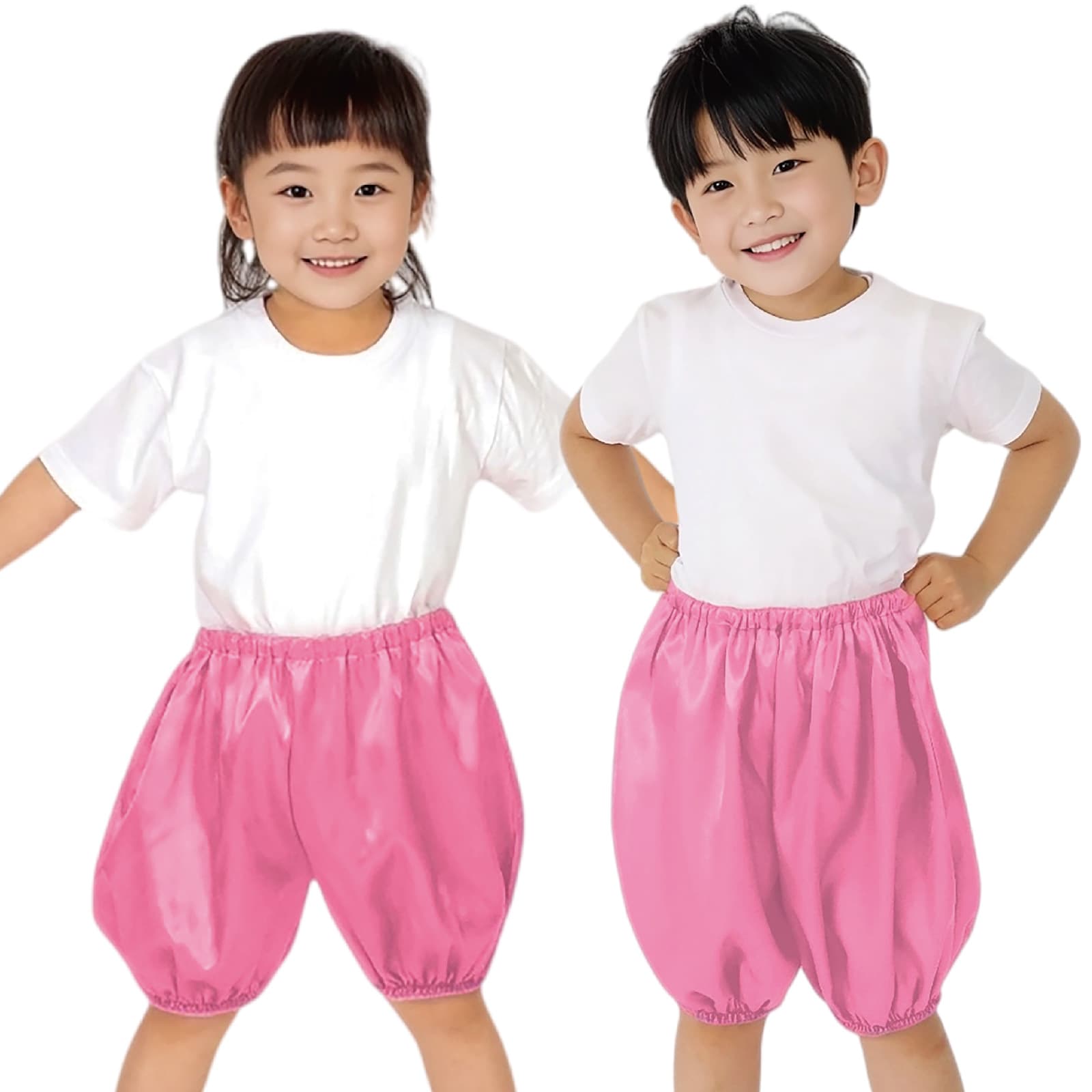 ふくらみがかわいい、かぼちゃパンツです。ウエストも裾もゴム仕様なので、はきやすい！カラフルなベースなので、バリエーション豊富な衣装作りができます！演技やダンスなどの衣装に！サテン生地で、肌触りが良く、光沢のある素材です。 / 商品サイズ総丈...