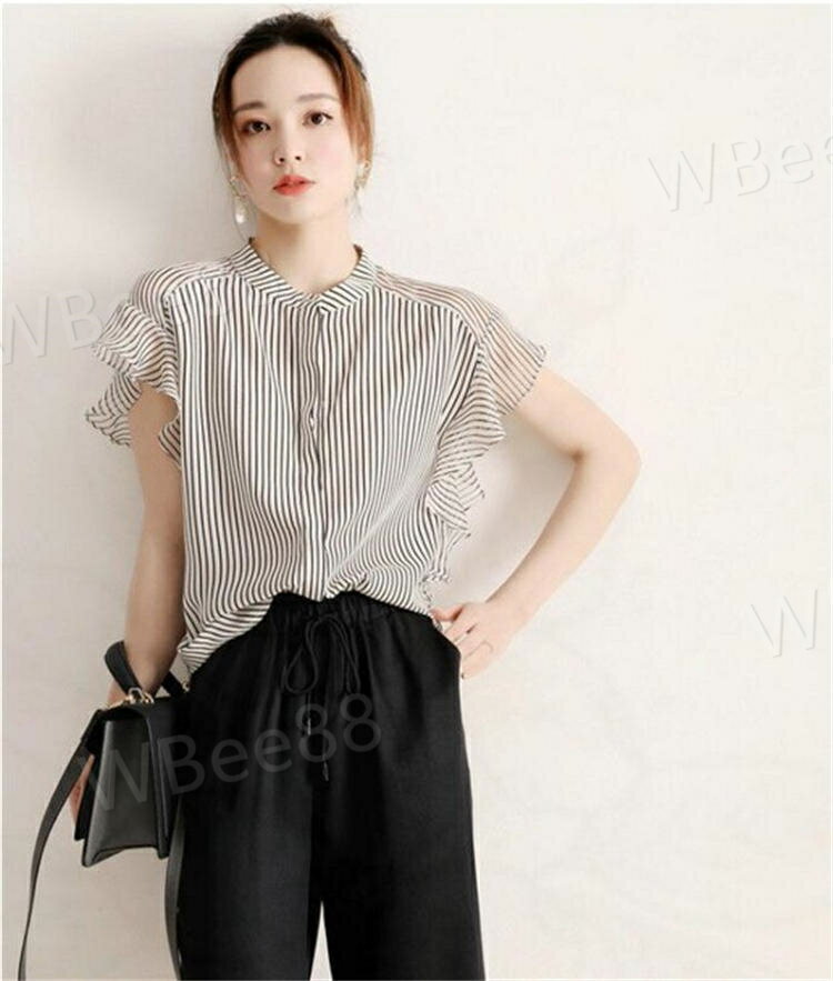 レディース シャツ　半袖　着痩せ お洒落 大人 シンプル 通勤 秋 トップス OL ストライプ柄 カーディガン 夏 カジュアル シルエット お洒落 サイズ ：S M L XL 2XL S 着丈58　バスト92　肩幅46　袖長　ウエスト M ...