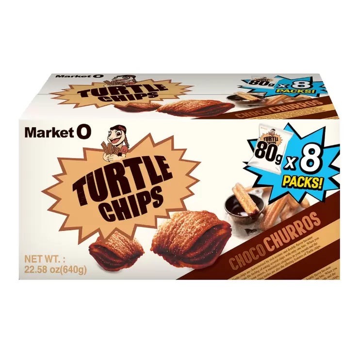 &nbsp; 【商品内容】 韓国で人気のお菓子 チョコチュロス味 亀の甲羅をイメージした形 80g×8袋入 4層構造のサクサクした軽い口当たりで一つ食べると止まらない美味しさ! チョコの甘みにシュガーをまぶしてチョコチュロス味を再現していま...