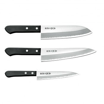 三徳包丁・牛刀包丁・ペティナイフの3本セットです。サイズ三徳包丁:全長約280mm(刃渡り:約165mm)、牛用包丁:全長約295mm(刃渡り:約180mm)、ペティナイフ:全長約240mm(刃渡り:約135mm)個装サイズ：36.5×19...