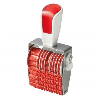 使いやすい回転印です。サイズ個装サイズ：4×6×10cm重量個装重量：59g素材・材質筐体:ステンレス回転板:アルミ取手部・側面カバー:ABS樹脂印字ベルト:弾性樹脂、NBRゴム仕様グリーン購入法適合商品再生プラスチック使用生産国日本fk0...