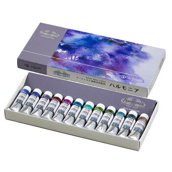 透明水彩絵具シリーズ「ハルモニア」、12色セットです。サイズ104×226×24mm個装サイズ：23×13×3cm重量個装重量：290g素材・材質顔料、アラビアガム、水仕様内容量:10ml/1個セット内容01パープルスピネル、02スターリー...