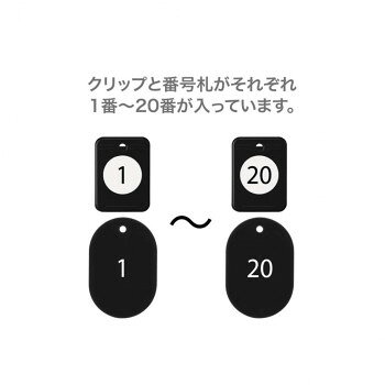 クリップ+番号札。20番単位で購入できます。サイズクリップ:W33×D46×H27mm、番号札:W40×D60×H2.7mm個装サイズ：13×21×16cm重量16.7g個装重量：377g素材・材質番号札:再生樹脂クリップ:樹脂仕様1〜20...