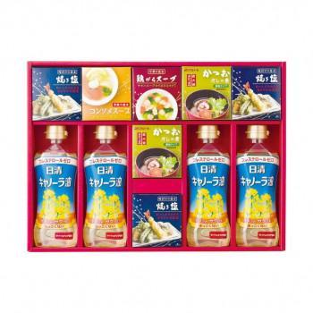 キャノーラ油、かつおだしの素、焼き塩など、いつもの料理の味わいを豊かにする調味料を詰合せた和食、洋食、中華と幅広く使って頂けるバラエティ調味料ギフトです。【食品名称】日清キャノーラ油:食用なたね油、マルトモかつおだしの素:風味調味料(かつお...