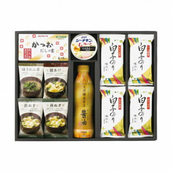 お湯を注ぐだけでできる本格的なお味噌汁に、和の食材、調味料をセット。【食品名称】フリーズドライ味噌汁:即席みそ汁(乾燥タイプ)、マルトモかつおだしの素:風味調味料(かつお)、伊賀越天然醸造醤油:こいくちしょうゆ(本醸造)、白子味のり:味付の...